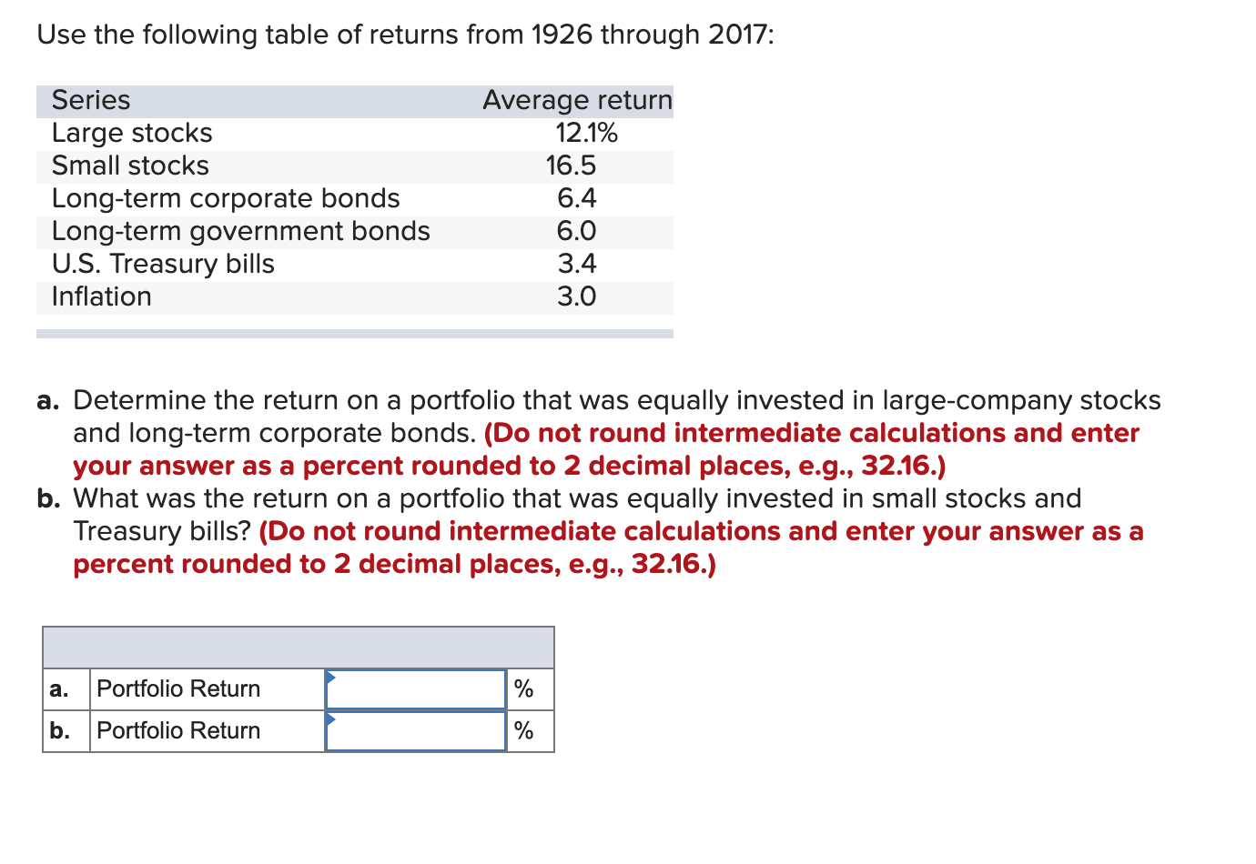 Solved Use the following table of returns from 1926 through | Chegg.com