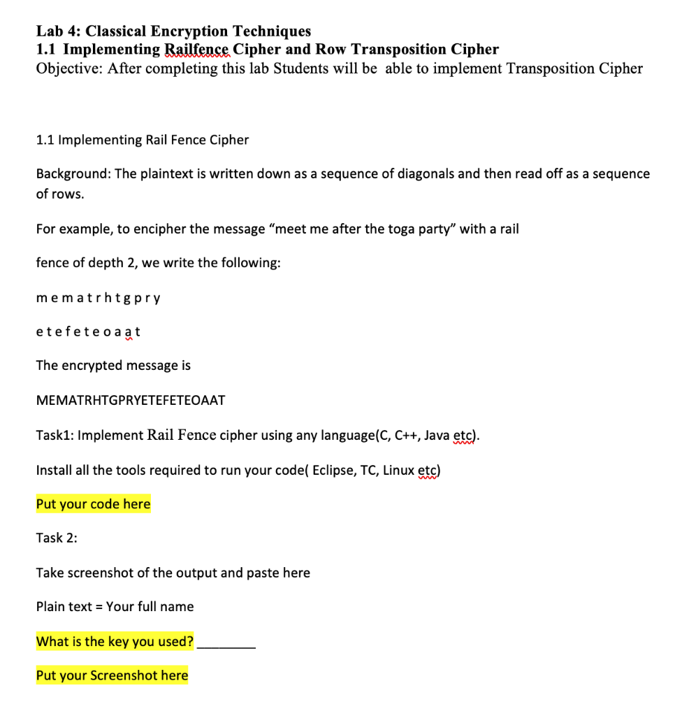 Solved Lab 4: Classical Encryption Techniques 1.1 | Chegg.com