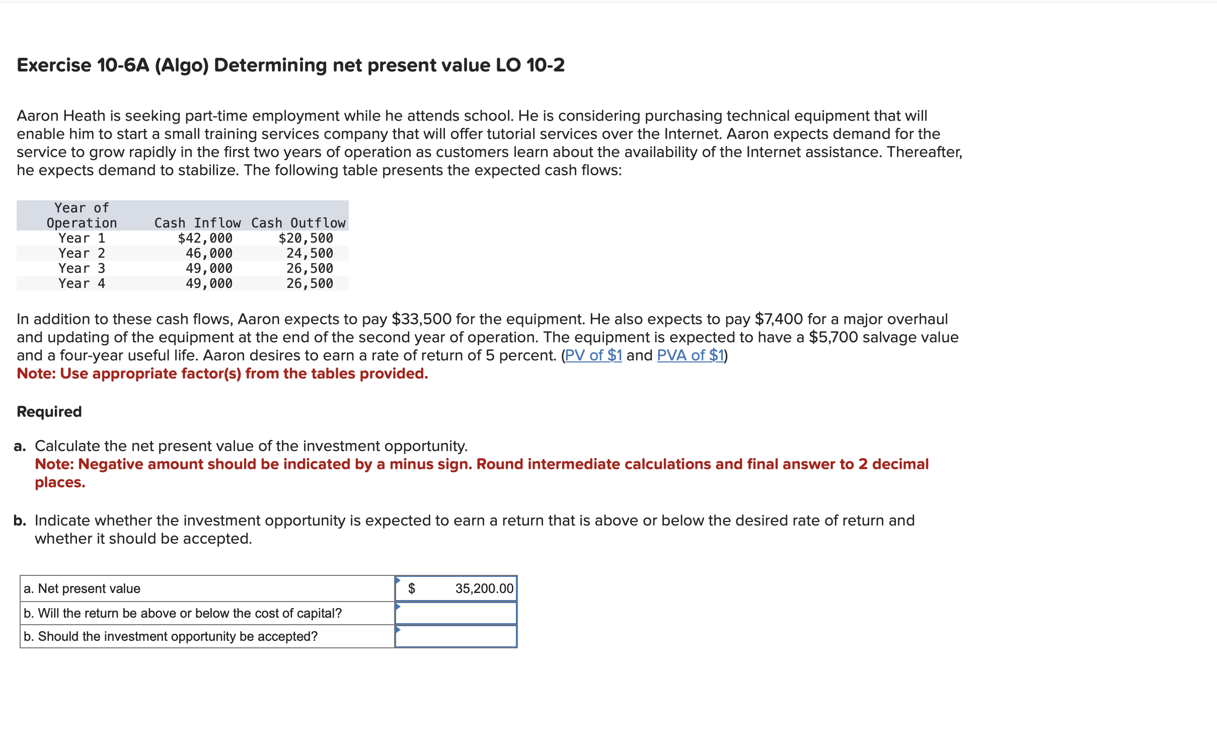 Solved Exercise 10-6A (Algo) Determining net present value | Chegg.com