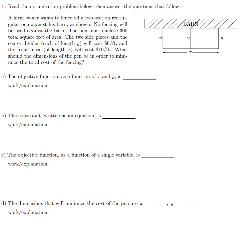 Solved 1. Read the optimization problem below, then answer | Chegg.com