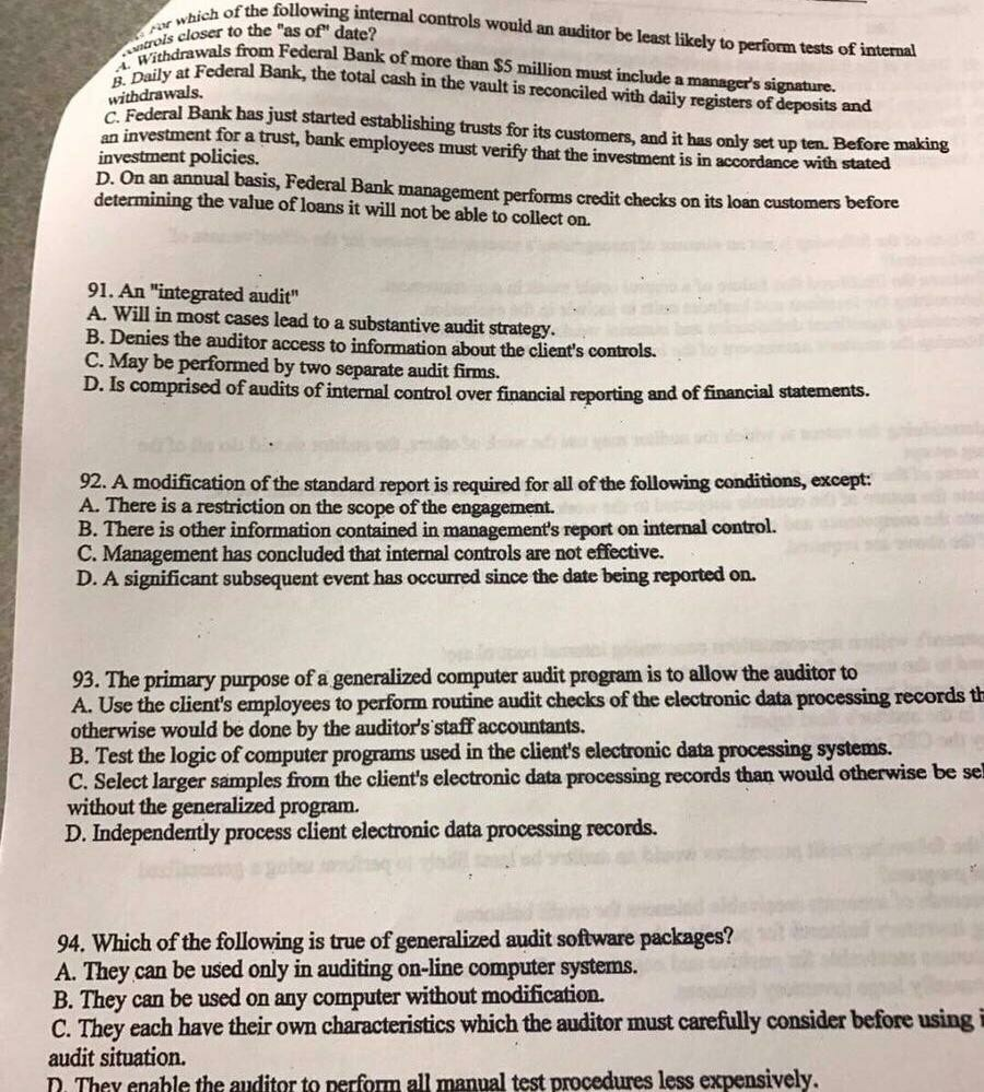Solved of the following internal controls would an auditor | Chegg.com