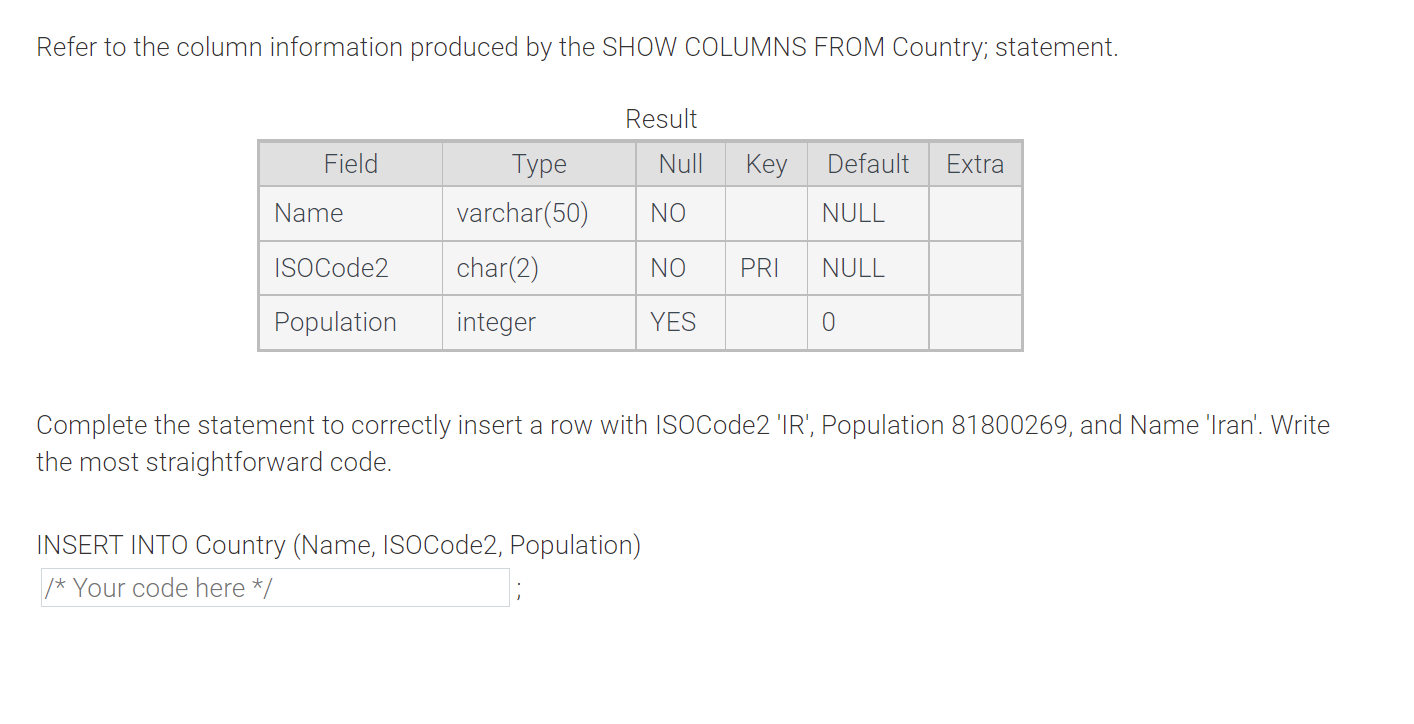 Solved Refer to the column information produced by the SHOW | Chegg.com