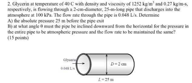Solved 2. Glycerin at temperature of 40 C with density and | Chegg.com