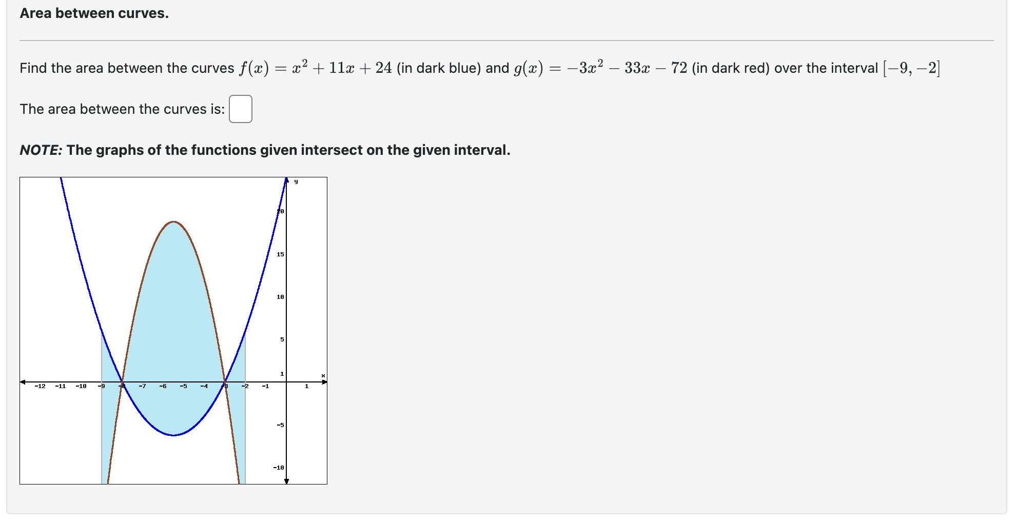 Solved Find the area between the curves f(x) = ﻿x^2 + 11x | Chegg.com