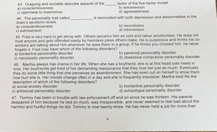 Solved 43. Outgoing and sociable describe aspects of the | Chegg.com