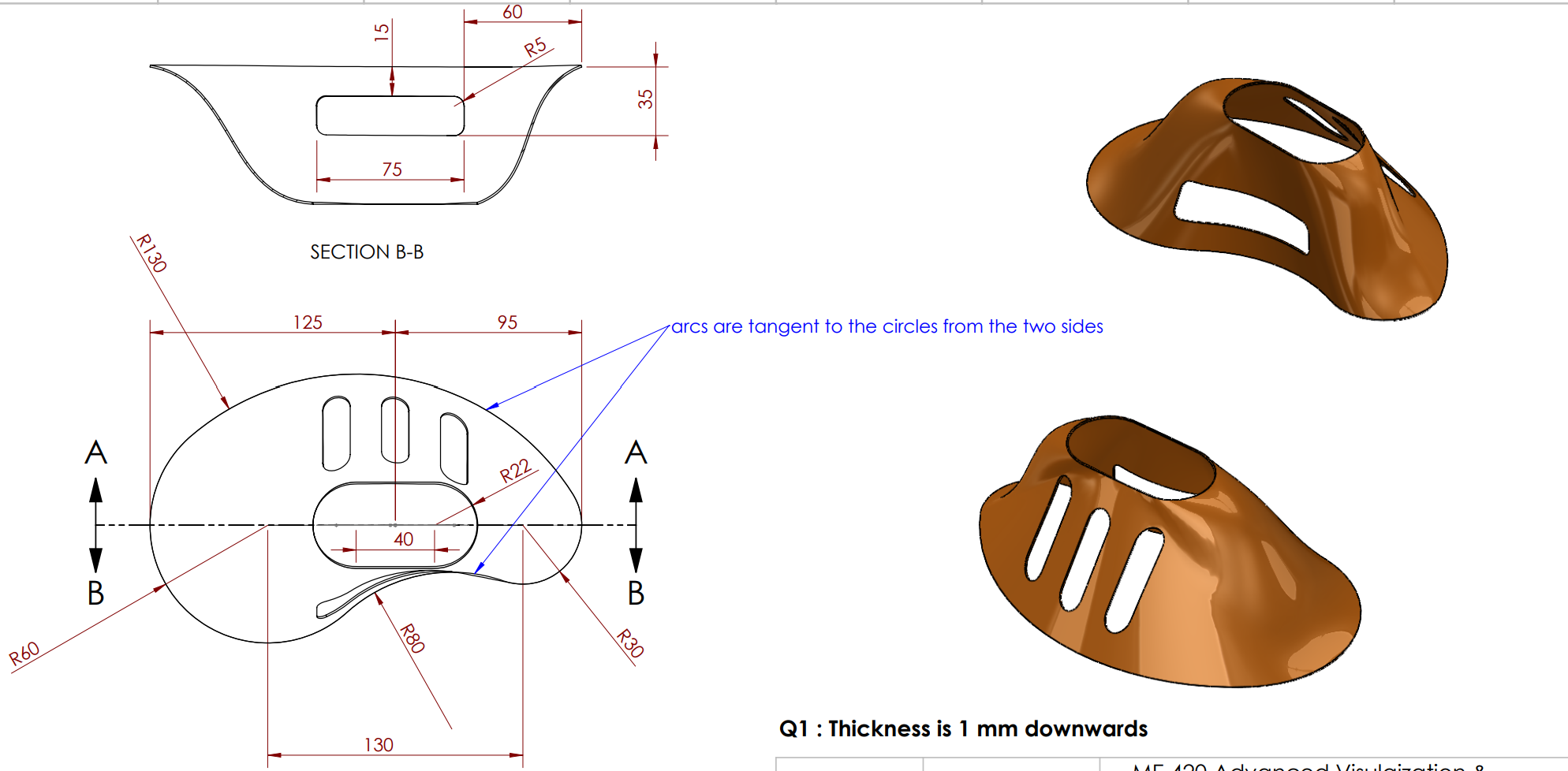 Solved 60 1 - 15 R5 35 75 SECTION B-B R130 125 95 arcs are | Chegg.com