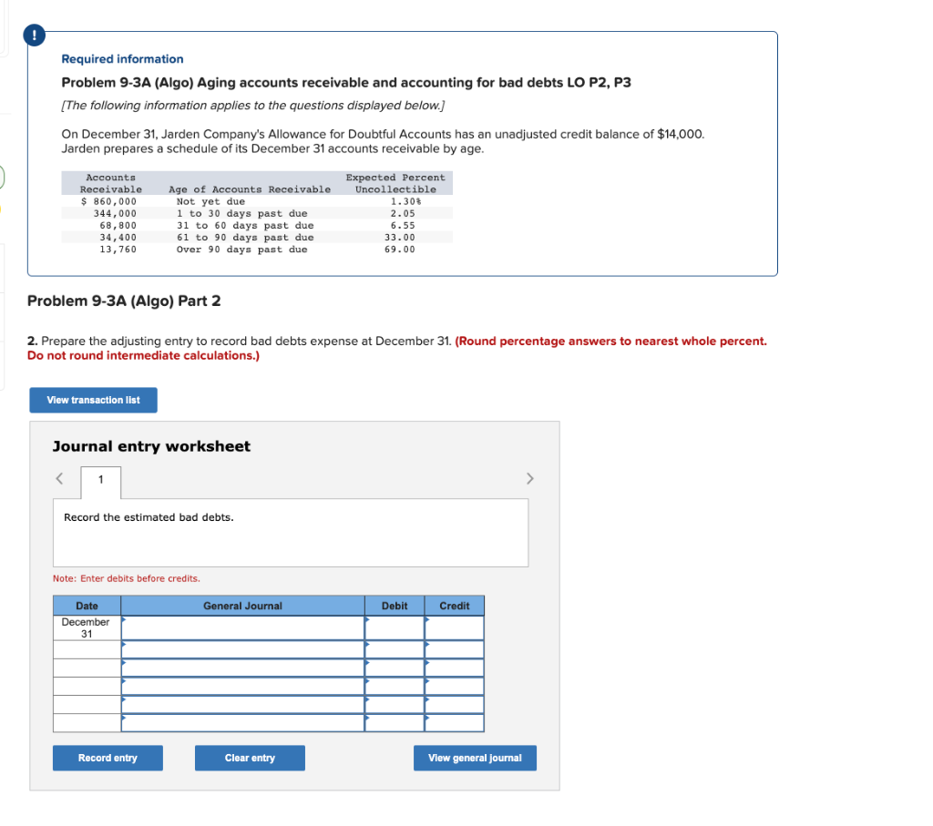 Solved Required information Problem 9-3A (Algo) Aging | Chegg.com