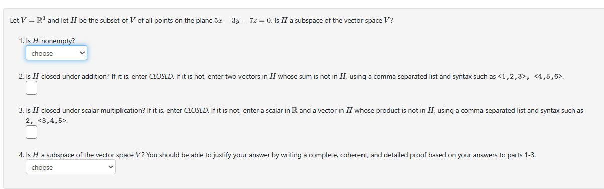 Solved Let V=R3 and let H be the subset of V of all points | Chegg.com