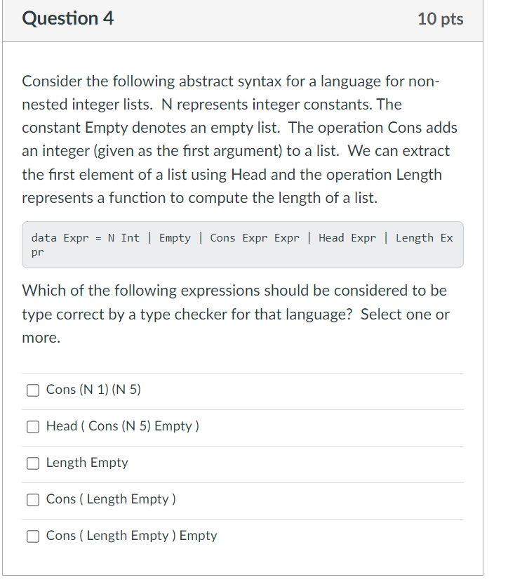 Solved Consider the following abstract syntax for a language | Chegg.com