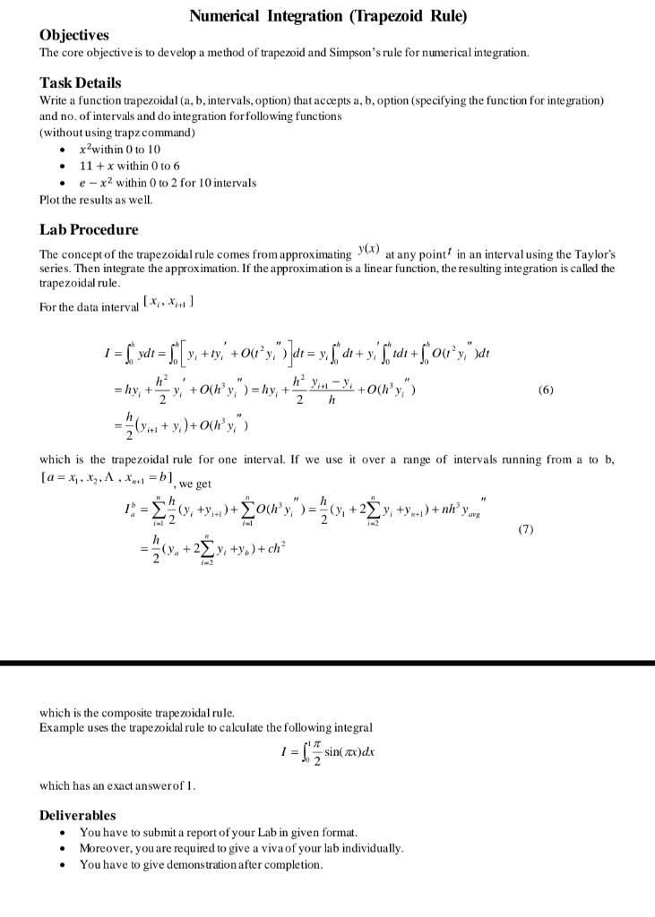 Solved Numerical Integration (Trapezoid Rule) Objectives The | Chegg.com