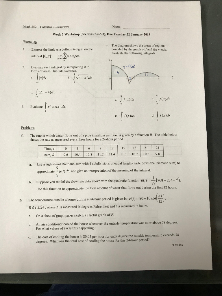 Solved Math 252-Calculus 2--Andrews Name: Week 2 Workshop | Chegg.com