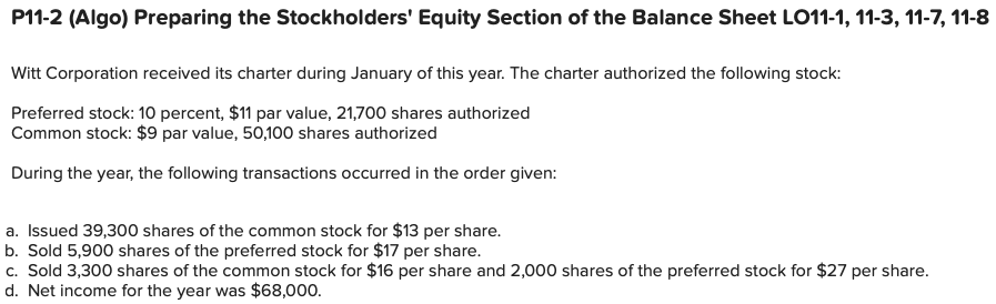 Solved P11-2 (Algo) Preparing the Stockholders' Equity | Chegg.com