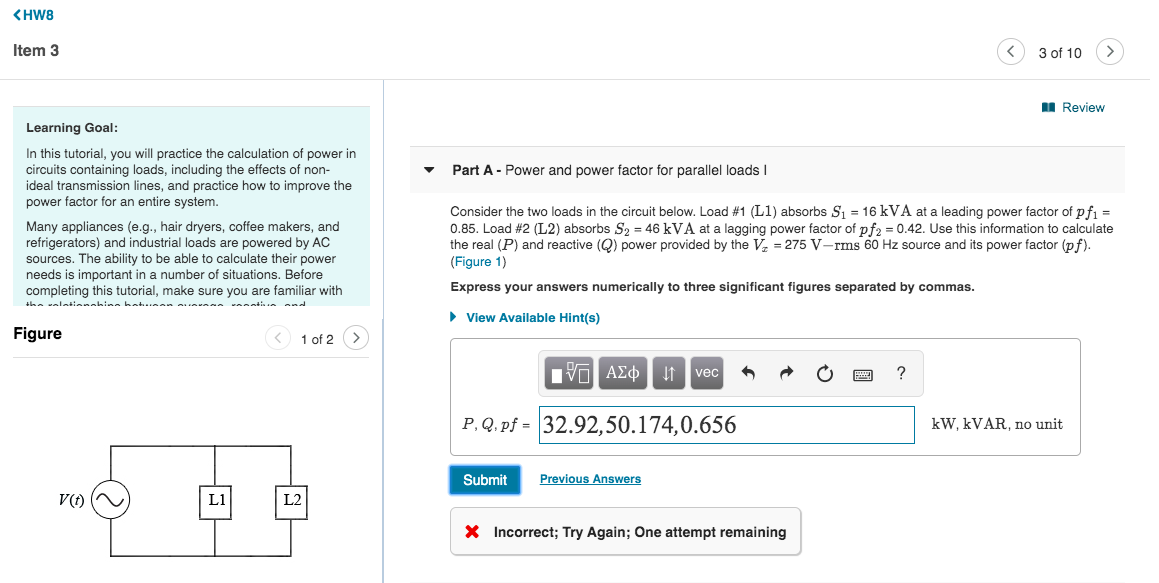 Solved Review Part A - Power and power factor for parallel | Chegg.com