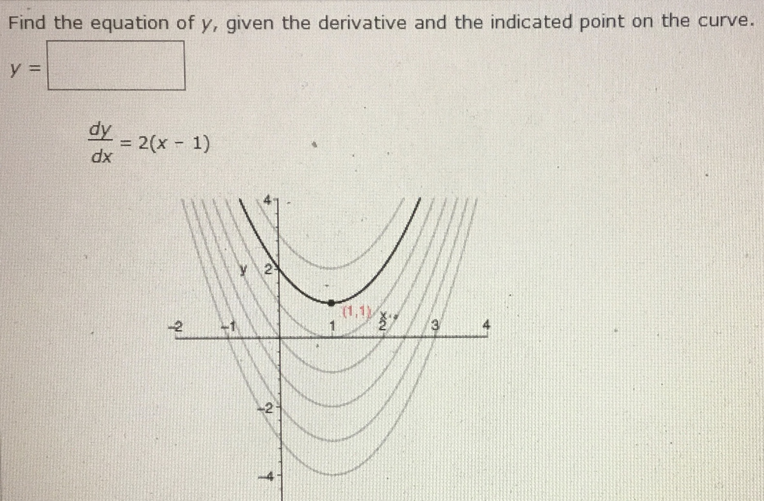 [Solved]: Find the equation of y, given the derivative and