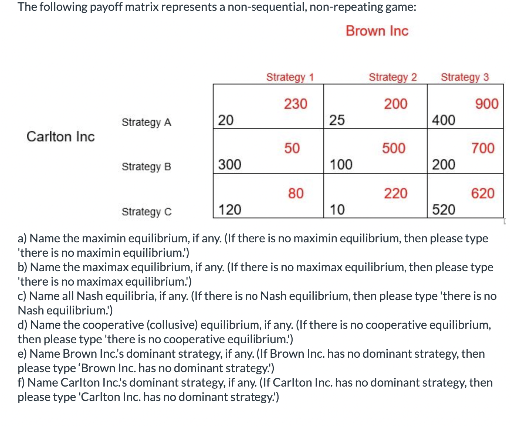 Solved The following payoff matrix represents a | Chegg.com