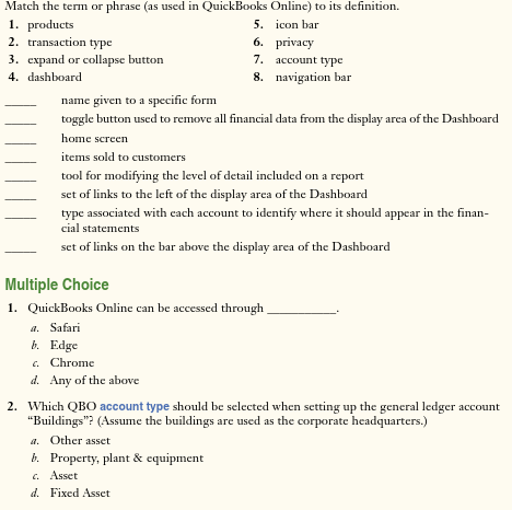 Solved Match the term or phrase (as used in QuickBooks | Chegg.com
