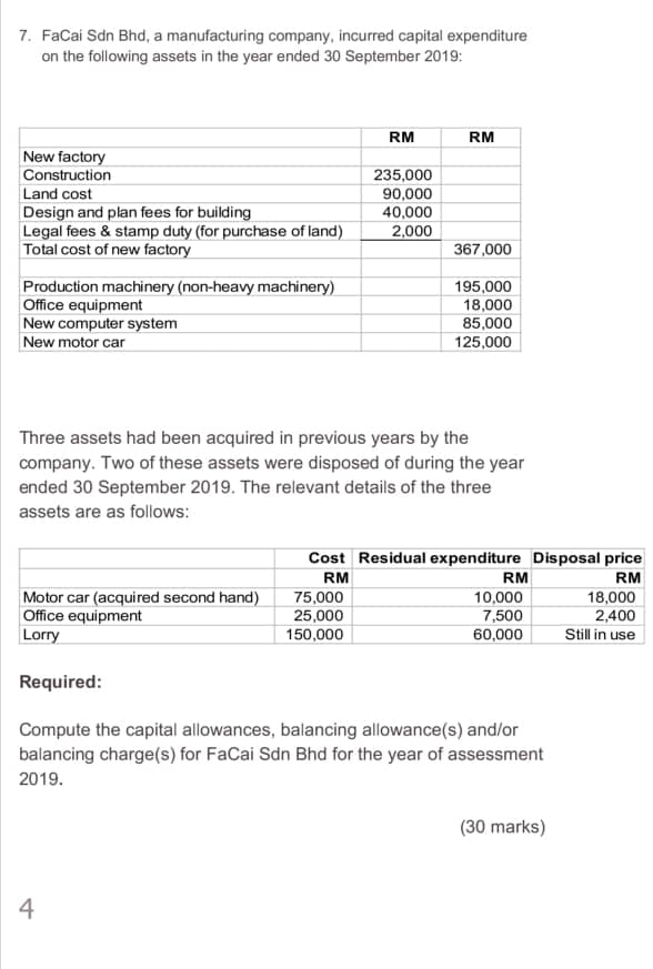 Solved 7. FaCal Sdn Bhd, a manufacturing company, incurred | Chegg.com