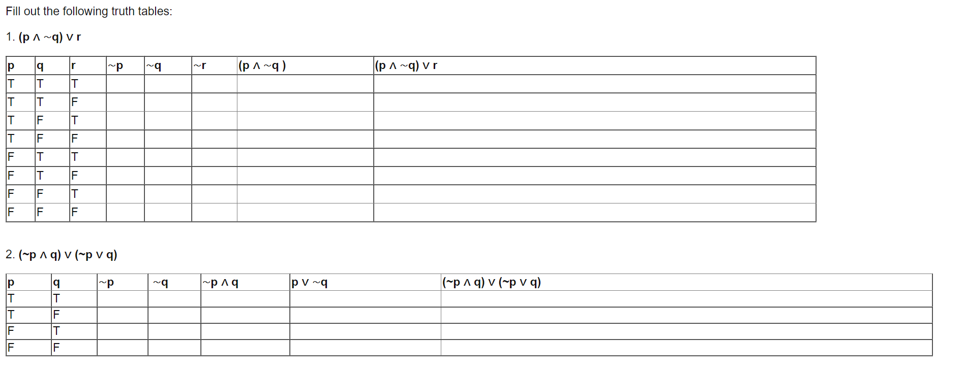Solved Fill out the following truth tables: 1. (p∧∼q)∨r ⎣⎡1= | Chegg.com