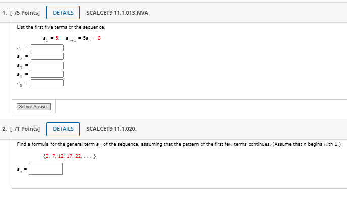 Solved 1. [-75 Points] DETAILS SCALCET9 11.1.013.NVA List | Chegg.com