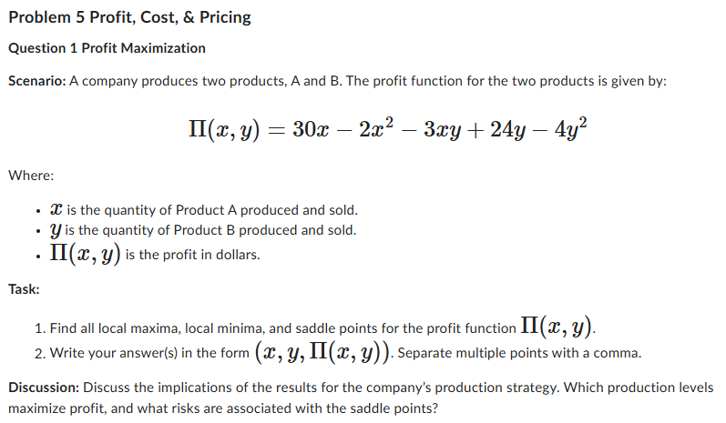 Solved Problem 5 ﻿Profit, Cost, & PricingQuestion 1 ﻿Profit | Chegg.com
