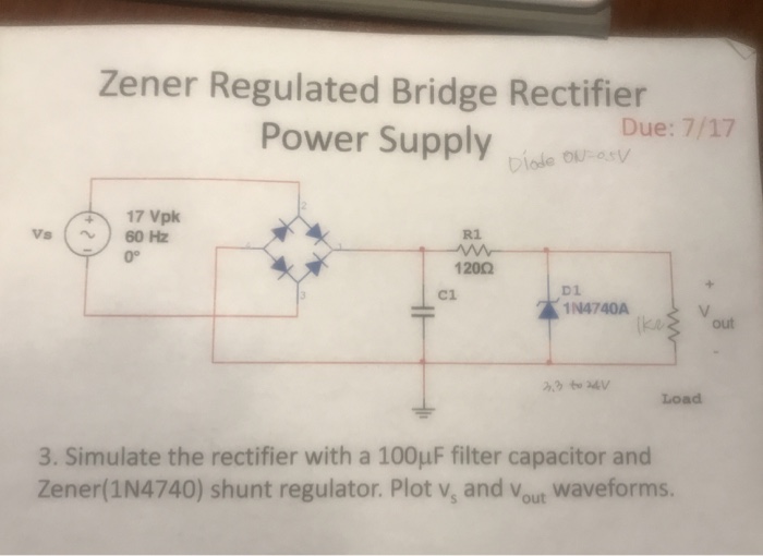 Solved Zener Regulated Bridge Rectifier Power Supply Due: | Chegg.com