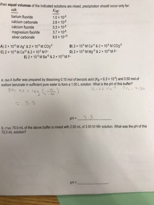 Solved When equal volumes of the indicated solutions are | Chegg.com