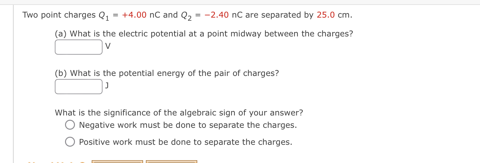 Solved o point charges Q1=+4.00nC and Q2=−2.40nC are | Chegg.com