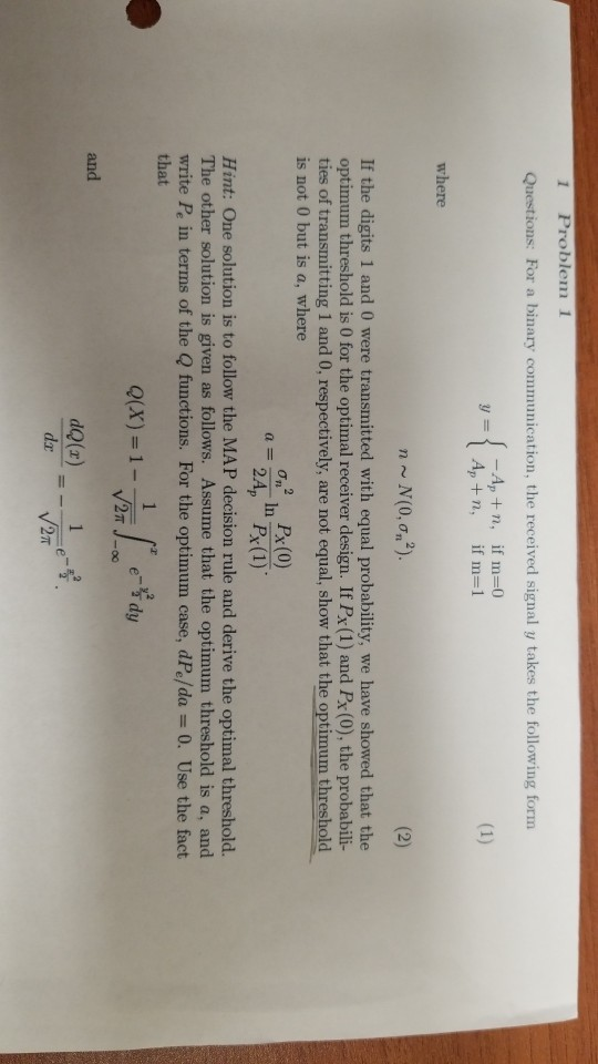 Questions: For a binary communication, the received | Chegg.com