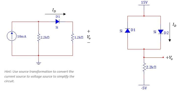 Solved 15V Ір D1 Ір Si Si D1 Si D2 0 10mA 2.2kΩ 1.2k0 V 1 + | Chegg.com