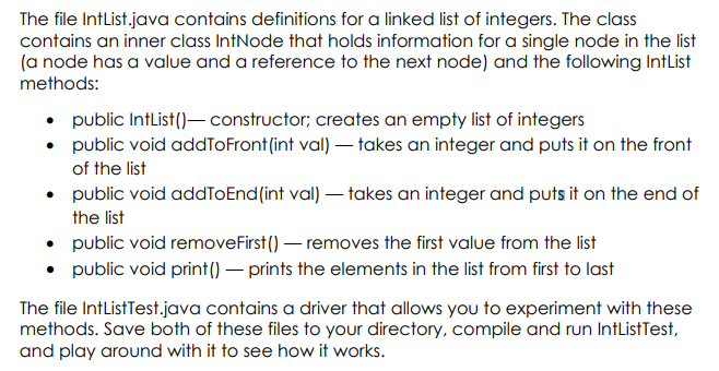 Solved The file IntList.java contains definitions for a | Chegg.com