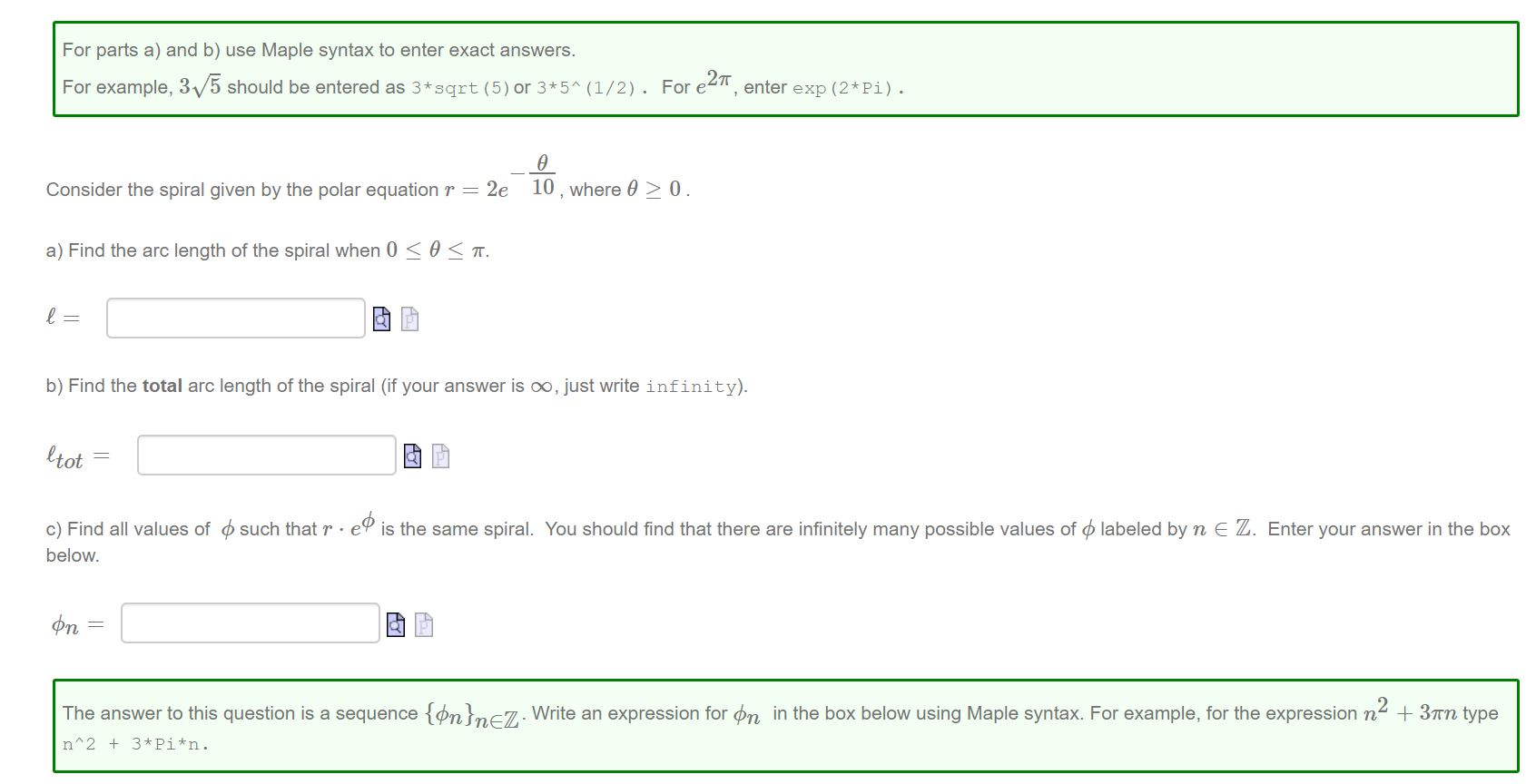 Solved For parts a) and b) use Maple syntax to enter exact | Chegg.com