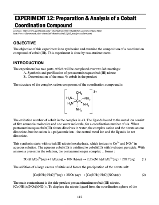Solved EXPERIMENT 12: Preparation & Analysis of a Cobalt | Chegg.com