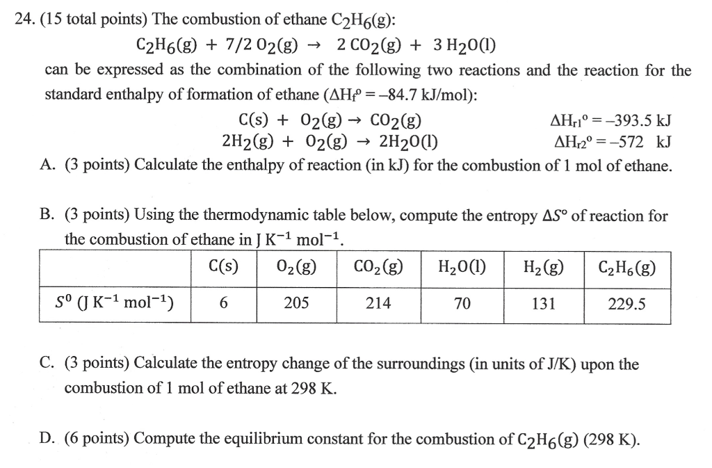 Solved 24. (15 total points) The combustion of ethane | Chegg.com