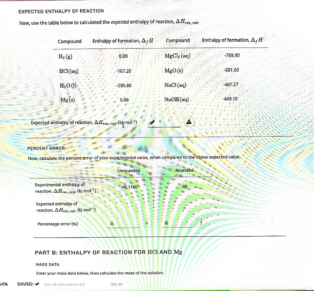 Solved EXPECTED ENTHALPY OF REACTION Now, use the table | Chegg.com
