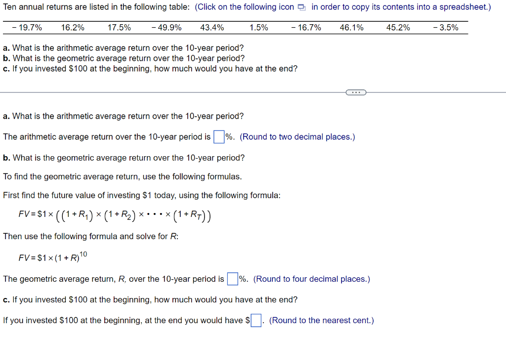 Solved a. What is the arithmetic average return over the 10 | Chegg.com