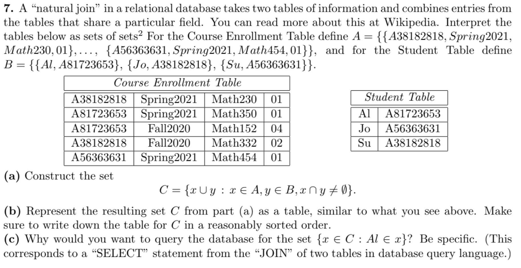 Solved 7. A “natural join” in a relational database takes | Chegg.com