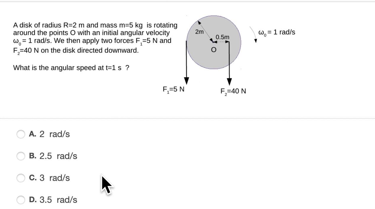 Solved 2m w. = 1 rad/s A disk of radius R=2 m and mass m=5 | Chegg.com