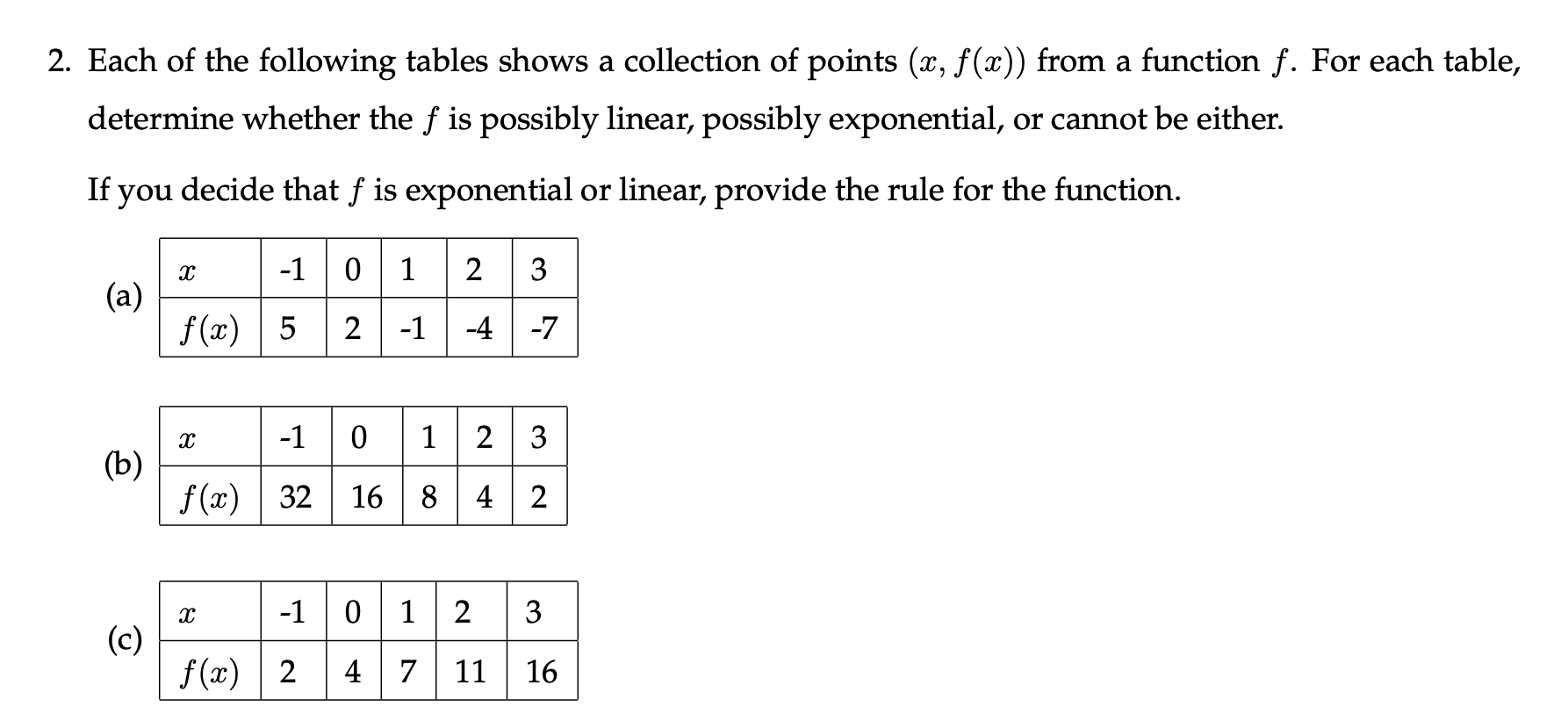 Solved a a 2. Each of the following tables shows a | Chegg.com