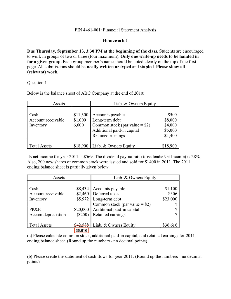 Solved FIN 4461-001: Financial Statement Analysis Homework 1 | Chegg.com