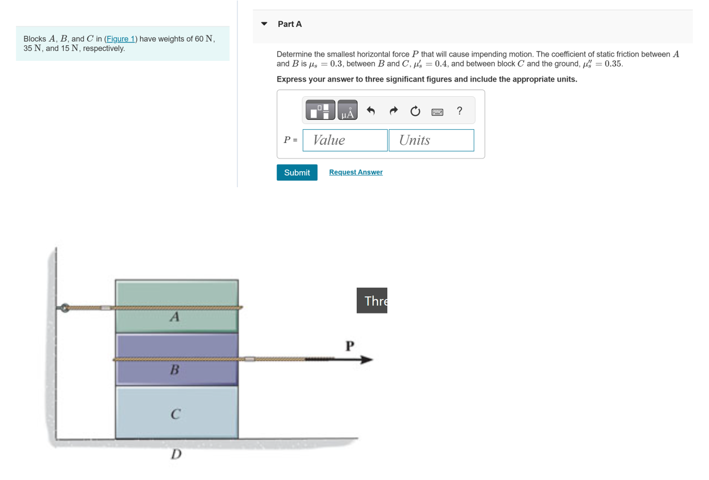 Solved Blocks A,B, ﻿and C ﻿in (Figure 1) ﻿have weights of | Chegg.com