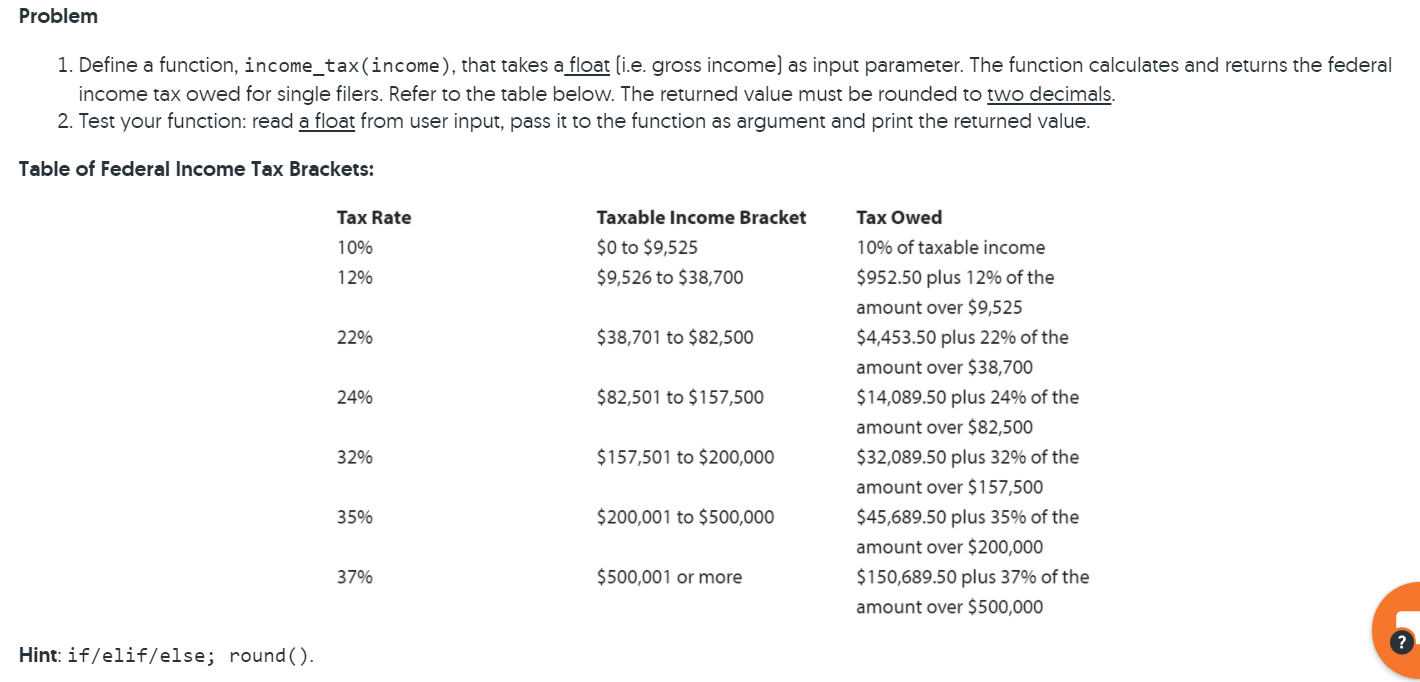Solved Problem 1. Define a function, income_tax(income), | Chegg.com