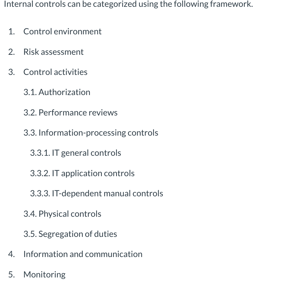 nternal controls can be categorized using the | Chegg.com
