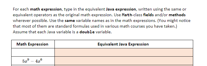 Solved For each math expression, type in the equivalent Java | Chegg.com