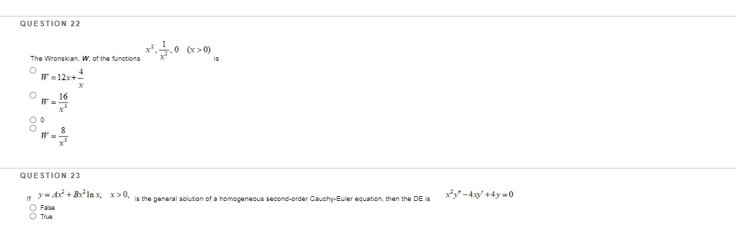 Solved QUESTION 22 The Wronskian, W, of the functions 0 1 | Chegg.com