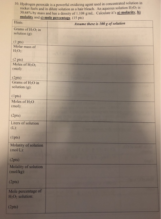 Solved 10. Hydrogen peroxide is a powerful oxidizing agent | Chegg.com