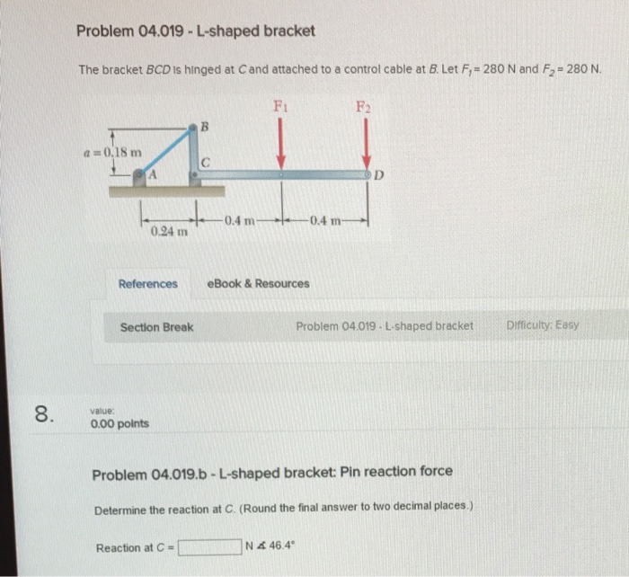 Solved The bracket BCD is hinged at C and attached to a | Chegg.com