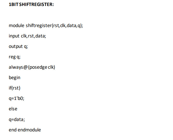 Solved 1BIT SHIFTREGISTER: module shiftregister(rst, clk, | Chegg.com