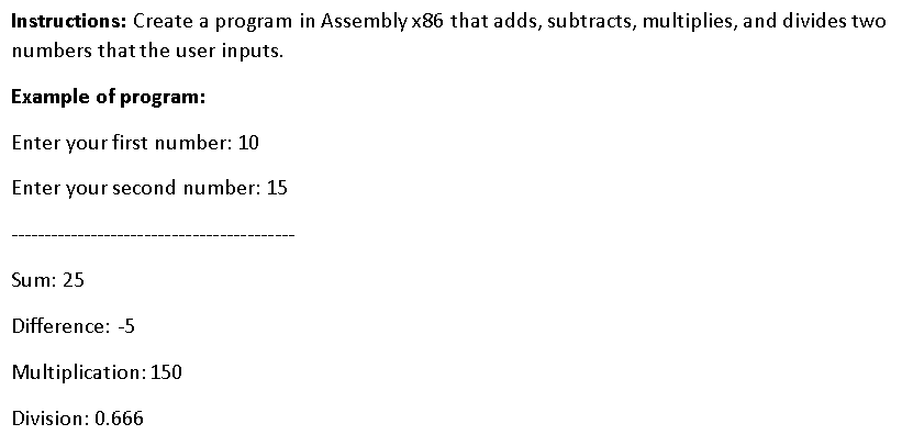 Solved Instructions: Create a program in Assembly x86 that | Chegg.com