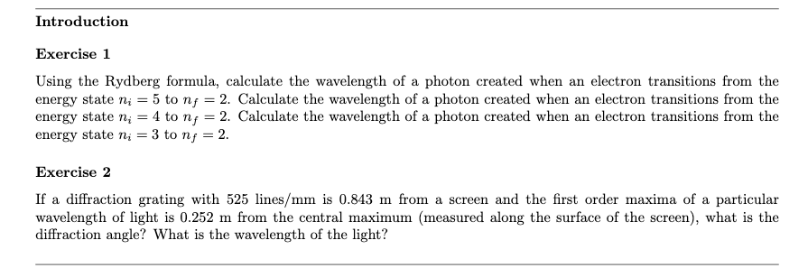 Solved Introduction Exercise 1 Using the Rydberg formula, | Chegg.com