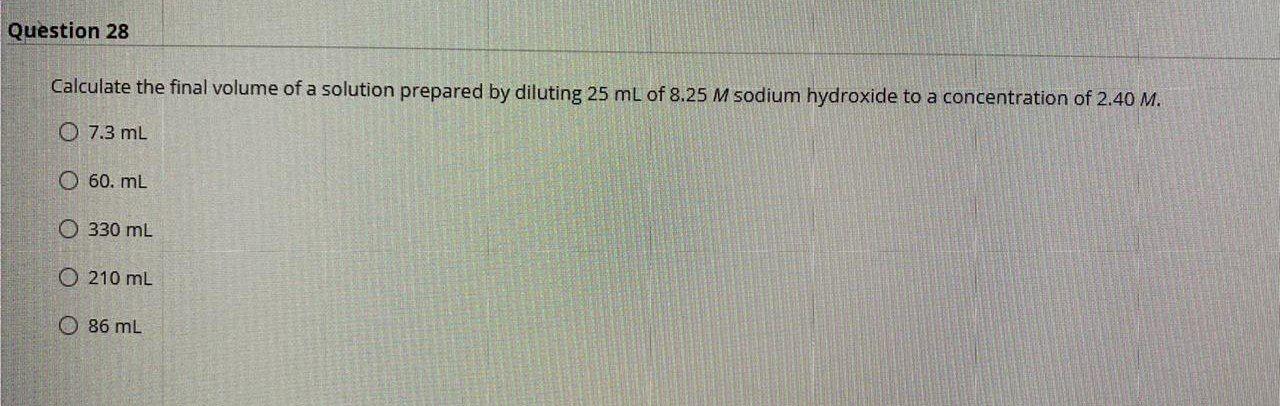 Solved Question 28 Calculate the final volume of a solution | Chegg.com